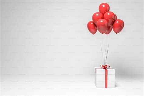 빨간 리본이 달린 흰색 선물 상자와 텅 빈 흰색 방에 서 있는 많은 빨간 풍선이 묶여 있습니다 마케팅과 광고의 개념 3d 렌더링 모형 사진 Unsplash의 벽 이미지