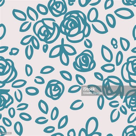 추상적인 정원 장미와 싹과 잎 실루엣이있는 매끄러운 패턴 꽃이 만발한 파란색 윤곽꽃과 회색 배경 빈티지 꽃 손으로 그린 벽지 0명에 대한 스톡 벡터 아트 및 기타 이미지