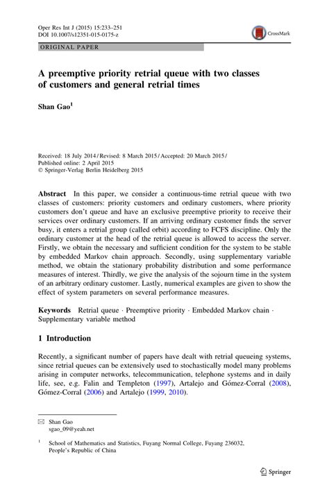 Pdf A Preemptive Priority Retrial Queue With Two Classes Of Customers And General Retrial Times