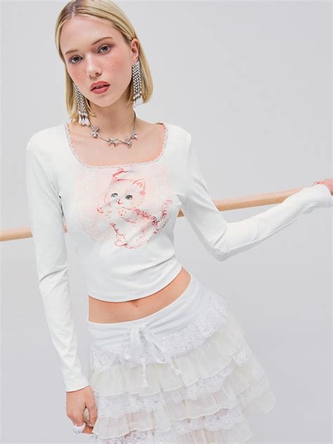 사이다 Cider 아이브 가을 착용 레이스 보크노트 캣 프린트 긴팔 티 위시버킷