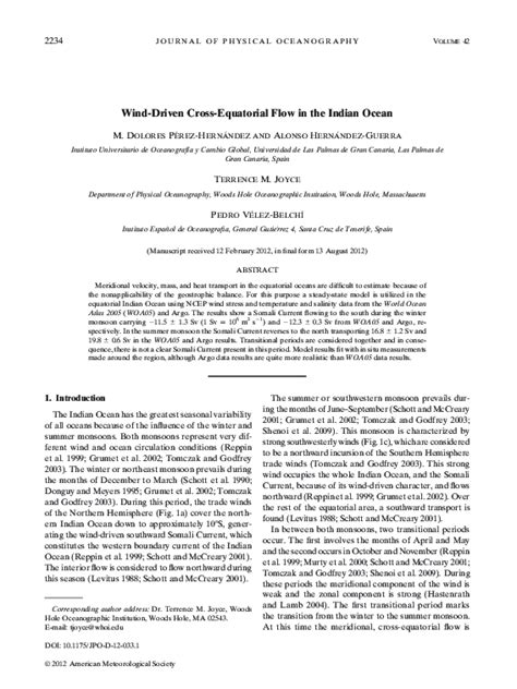 Pdf Wind Driven Cross Equatorial Flow In The Indian Ocean