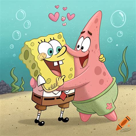 Squidward And A Girl Character Hug While Watching The Sunset Over The