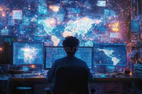 Cyber Defense Professional An Expert Monitors A Dark Server Room Maintaining The Security And