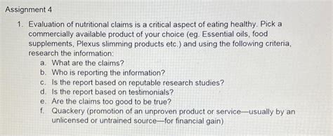 solved assignment 4 1 evaluation of nutritional claims is a