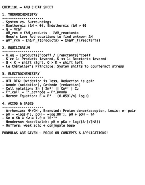 Chem1101 Anu Cheat Sheet 1 Thermochemistry And Equilibrium Concepts