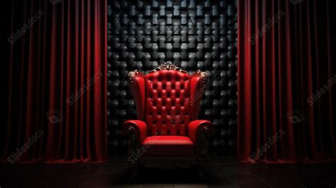 무료 검은색 커튼 배경은 빨간색 왕실 의자 3d 렌더링의 우아함을 향상시킵니다 Ppt 배경 Slidesdocs