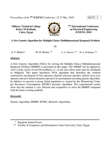 Pdf A New Genetic Algorithm For Multiple Choice Multidimensional Knapsack Problem