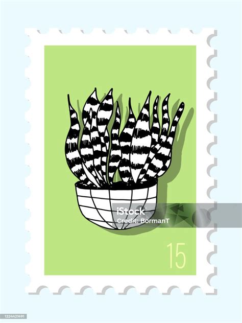 벡터 아름다운 손으로 그린 녹색 포스트 스탬프 현대 벡터 절연 포스트 스탬프 디자인 벡터 일러스트 홈 식물 흑백 스탬프를 게시합니다 메일 및 우체국 개념 드로잉 0명에 대한