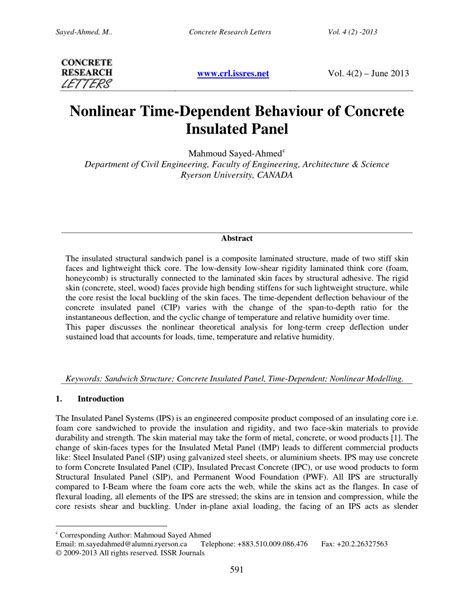 Pdf Nonlinear Time Dependent Behaviour Of Concrete Insulated Panel