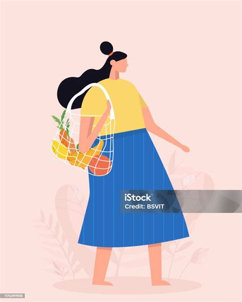 소녀는 야채와 과일 문자열 가방을 들고있다 에코 백으로 쇼핑 제로 폐기물 채식주의 환경 보존 생태 보호 개념 0에 대한 스톡