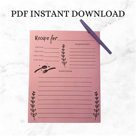 Printable Recipe Template Recipe Template Sheet Recipe Etsy