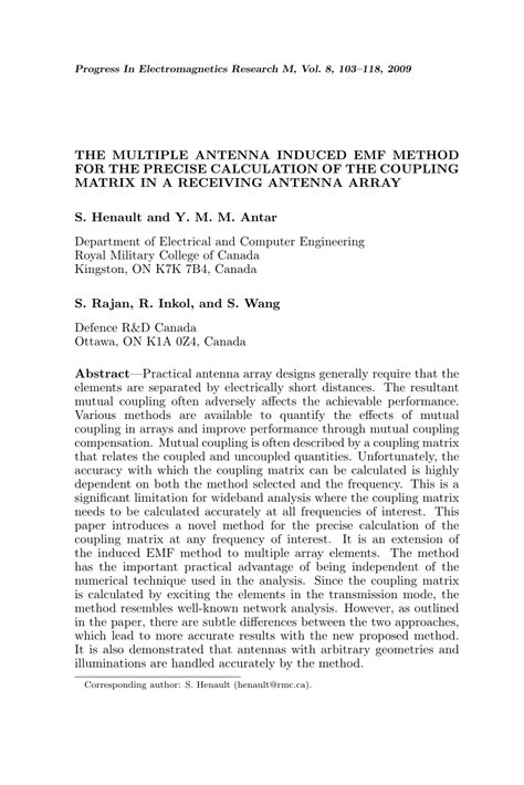 Pdf The Multiple Antenna Induced Emf Method For The Precise Calculation Of The Coupling Matrix