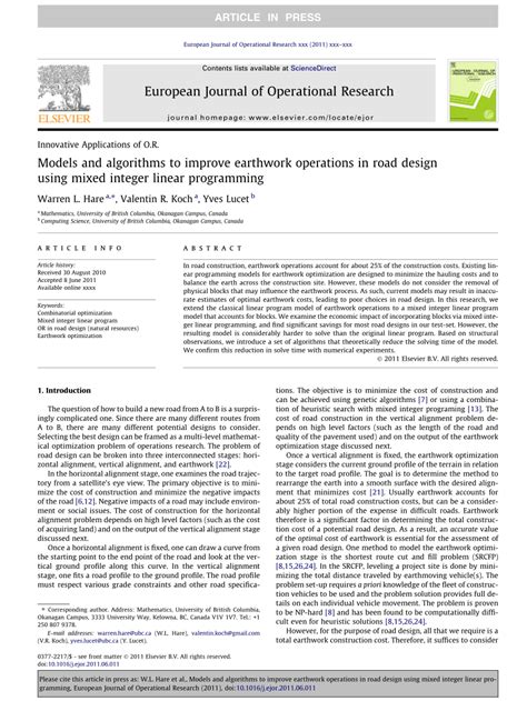 Pdf Models And Algorithms To Improve Earthwork Operations In Road Design Using Mixed Integer