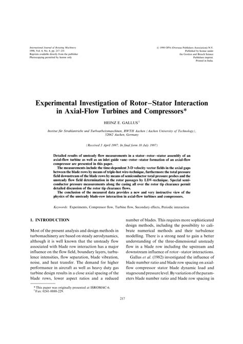 Pdf Experimental Investigation Of Rotor Stator Interaction In Axial