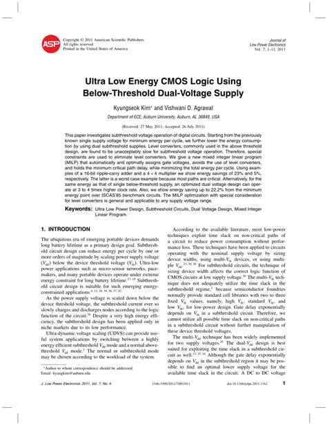 Pdf Ultra Low Energy Cmos Logic Using Below Threshold Dual Voltage Supply