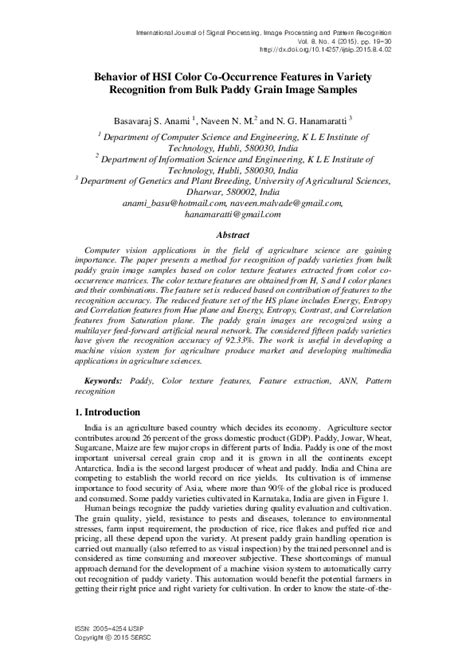 Pdf Behavior Of Hsi Color Co Occurrence Features In Variety Recognition From Bulk Paddy Grain