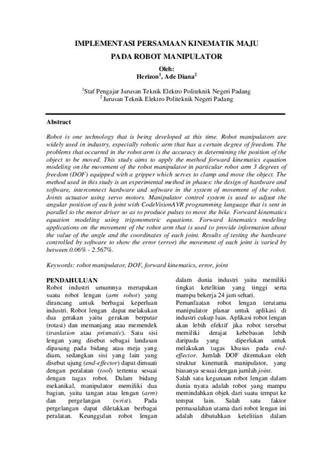 Pdf Implementasi Persamaan Kinematik Maju Pada Robot Manipulator
