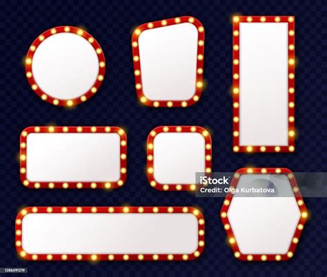 복고풍 라이트 프레임 전구 주변 영화관 극장 및 카지노 요소 램프 간판 또는 광고 벡터 세트가있는 거울이있는 3d 사실적인 빛나는 빈티지 프레임 3차원 형태에 대한 스톡