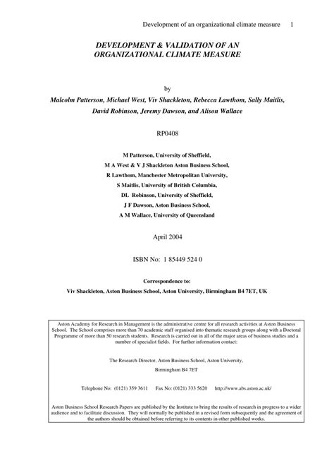 Pdf Development And Validation Of An Organizational Climate Measure