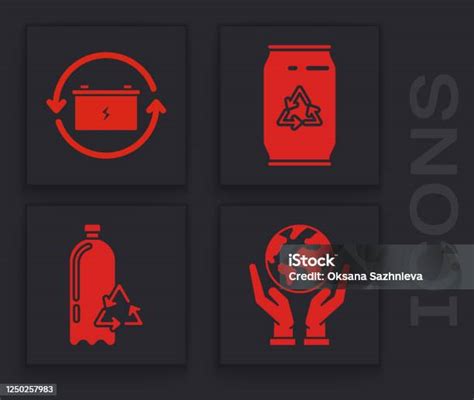 지구 지구를 들고 인간의 손을 설정 재활용 기호와 배터리 재활용 기호와 캔 및 플라스틱 병 아이콘을 재활용 할 수 있습니다 벡터 개념에 대한 스톡 벡터 아트 및 기타 이미지