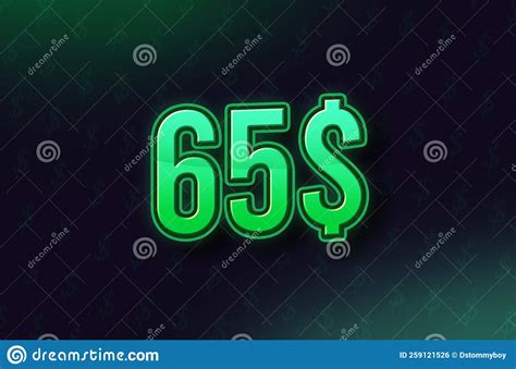 65 Price Symbol In Neon Green Color On Dark Background With Dollar Signs Stock Illustration