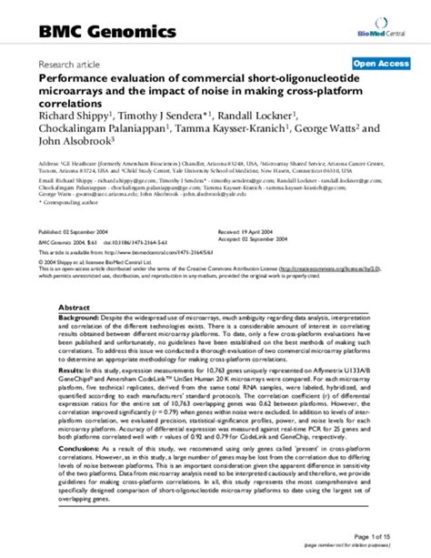 Pdf Performance Evaluation Of Commercial Short Oligonucleotide Microarrays And The Impact Of