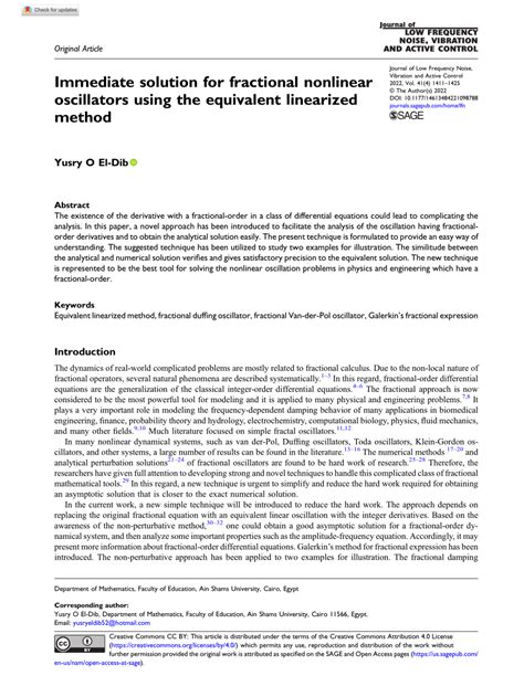 Pdf Immediate Solution For Fractional Nonlinear Oscillators Using The Equivalent Linearized Method