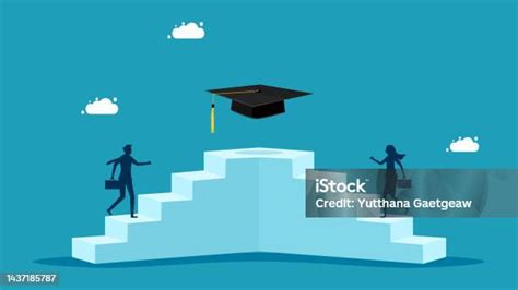 경쟁 및 학습 동기 사업가가 졸업 모자를 얻기 위해 계단을 걸어 올라간다 졸업식에 대한 스톡 벡터 아트 및 기타 이미지