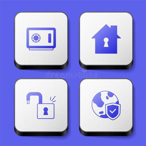 Set Safe House Under Protection Open Padlock And Shield With World Globe Icon White Square