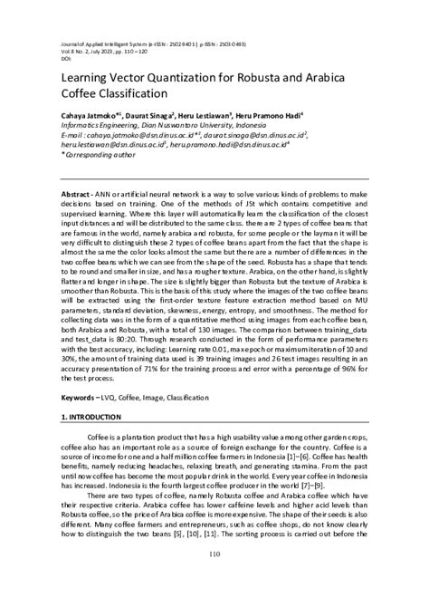 Pdf Learning Vector Quantization For Robusta And Arabica Coffee Classification