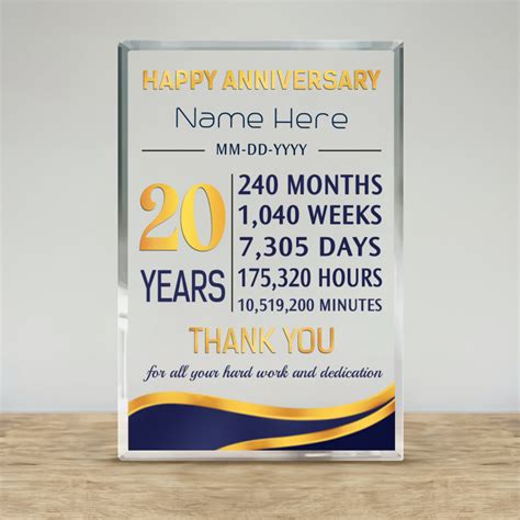 Personalized 20 Years Of Service Plaque 20 Year Work Anniversary T