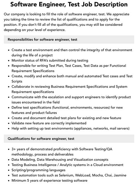 Software Engineer Test Job Description Velvet Jobs
