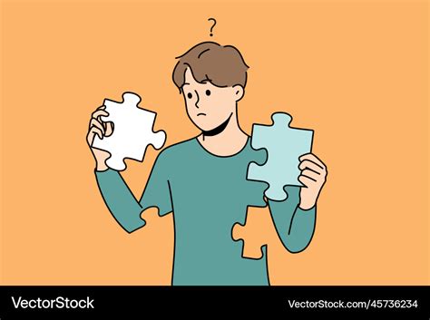 Confused Man With Puzzles In Hands Rebuild Vector Image
