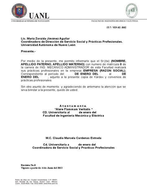 Carta De Inicio De Practicas Profesionales Pdf