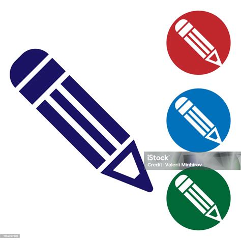 흰색 배경에 고립 된 파란색 연필 아이콘입니다 교육 기호입니다 그리기 및 교육용 도구 학교 사무실 기호입니다 원 버튼의 색상