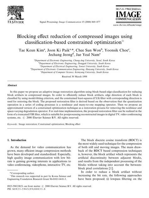 Pdf Blocking Effect Reduction Of Compressed Images Using Classification Based Constrained