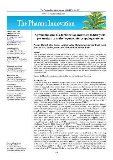 Pdf Agronomic Zinc Bio Fortification Increases Fodder Yield Parameters In Maize Legume