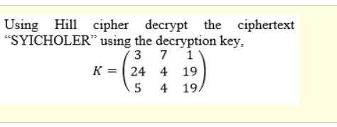 Solved Using Hill Cipher Decrypt The Ciphertext SYICHOLER Chegg Com