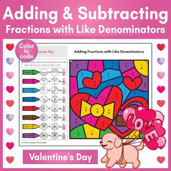 Adding Subtracting Fractions With Like Denominators Valentines Color By Number