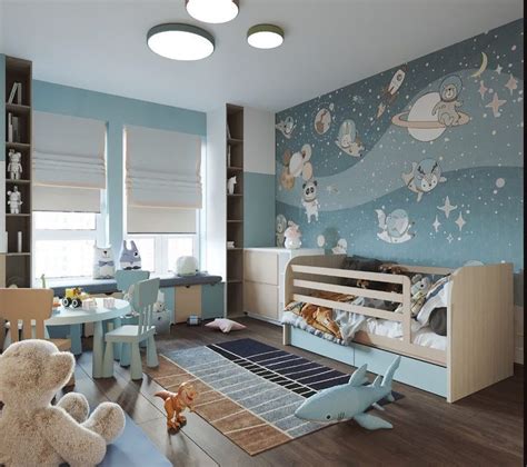 Дизайн проект детской комнаты в сине белых тонах с мягкими медвежатами на полу