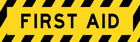 단어 응급 처치가있는 줄 줄무늬 레이블 배너가있는 노란색과 검은 색 건강관리와 의술에 대한 스톡 벡터 아트 및 기타 이미지