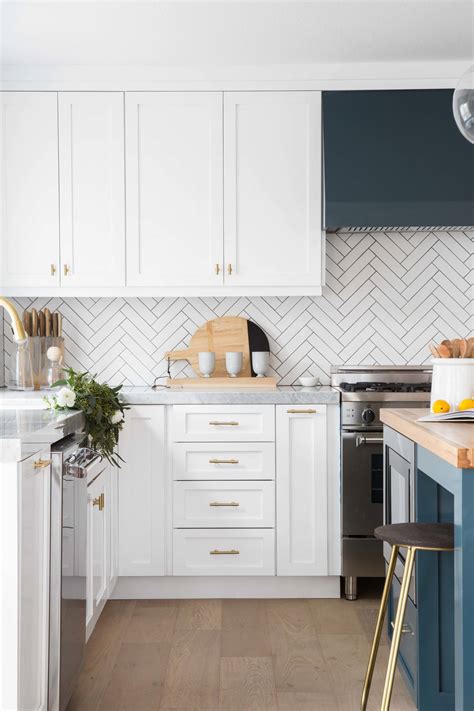 White Gray Herringbone Kitchen Backsplash