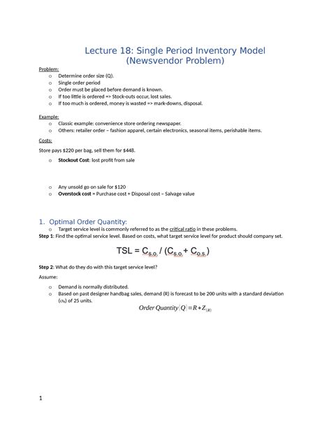 Lecture 18 Single Period Inventory Model Newsvendor Problem Lecture 18 Single Period