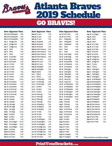 Braves Schedule Printable Printable Calendar