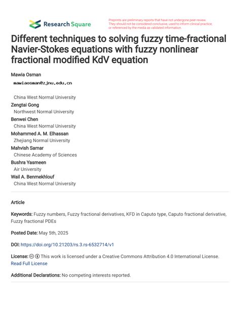 Pdf Different Techniques To Solving Fuzzy Time Fractional Navier Stokes Equations With Fuzzy