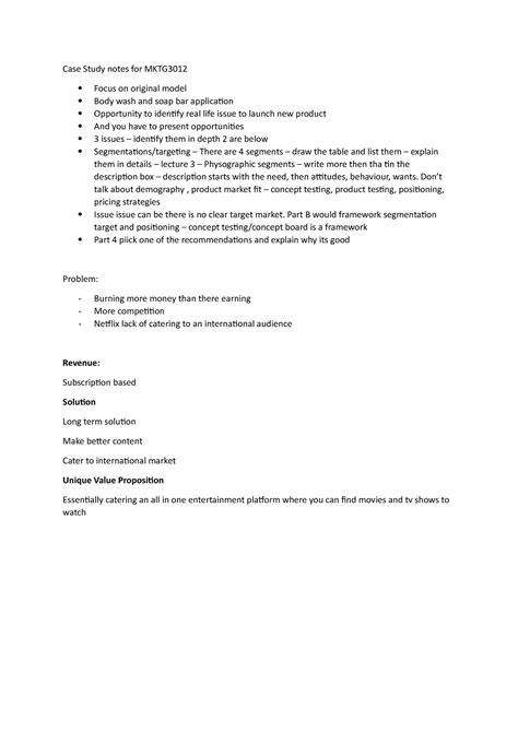 Case Study Notes For MKTG Case Study Notes For MKTG Focus On Original Model Body Wash And