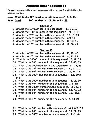 Y6 Algebra Solving Linear Sequences Teaching Resources