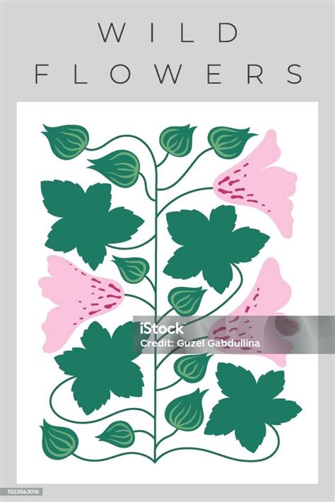 벡터 빈티지 벽화에는 꽃 야생 장미 파도 나뭇잎 추상적인 모양이 있습니다 우표 배너 카드 포스터를 위한 간단한 접시꼴 모양 구도에 대한 스톡 벡터 아트 및 기타 이미지