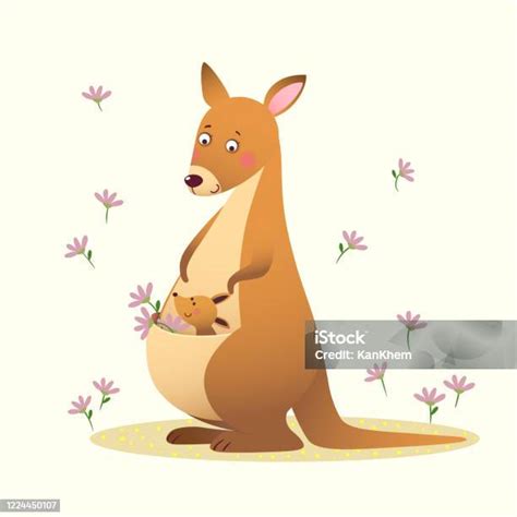 노란색 배경에 그녀의 작은 귀여운 아기 캥거루와 만화 캥거루의 벡터 그림 캥거루에 대한 스톡 벡터 아트 및 기타 이미지 캥거루 0명 귀여운 Istock