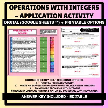 Add Subtract Multiply Divide Integers Application DIGITAL PRINTABLE